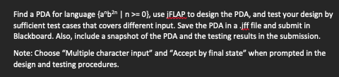 Solved Find a PDA for language {a^b2n | n >=0}, use JFLAP to | Chegg.com