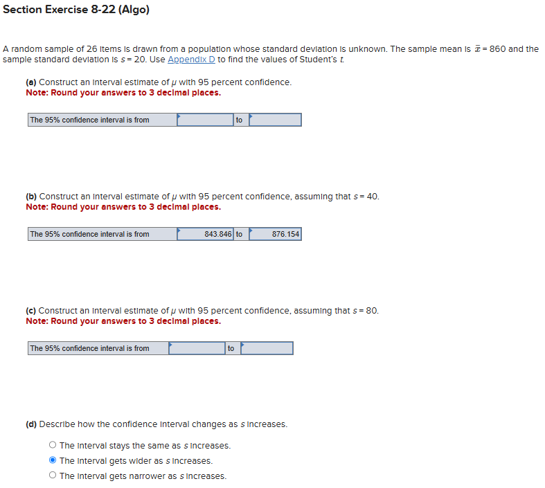 Solved by an EXPERT Section Exercise 8-22 (Algo)A random sample of 26 | Chegg.com