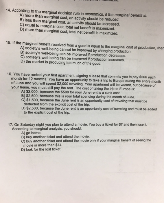 Solved 14. According to the marginal decision rule in | Chegg.com