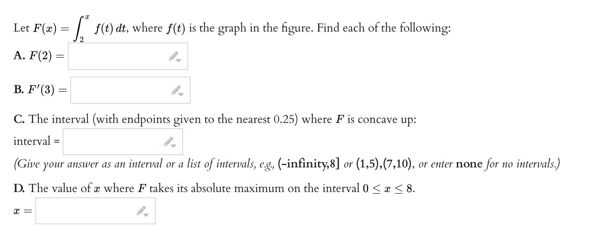 Solved Let F(x)=\\\\int_(? )^x f(t)dt, where f(t) is the | Chegg.com