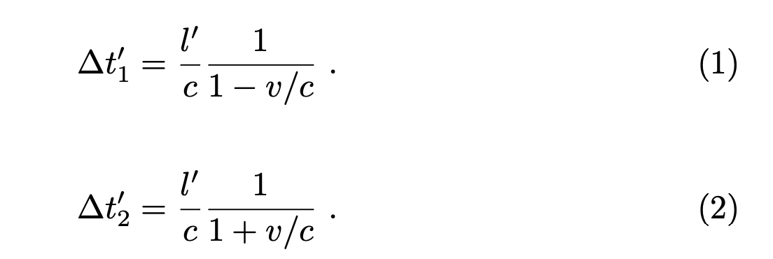 Solved Δt1′=cl′1−v/c1 Δt2′=cl′1+v/c1Δt′=c2l′γ2,γ2≡1−v2/c21 | Chegg.com