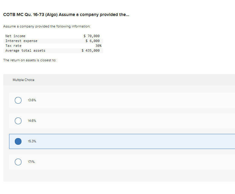 Solved COTB MC Qu. 16-64 (Algo) Assume a company whose | Chegg.com