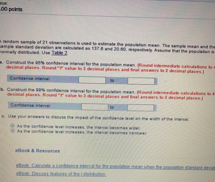 Solved A Random Sample Of 21 Observations Is Used To