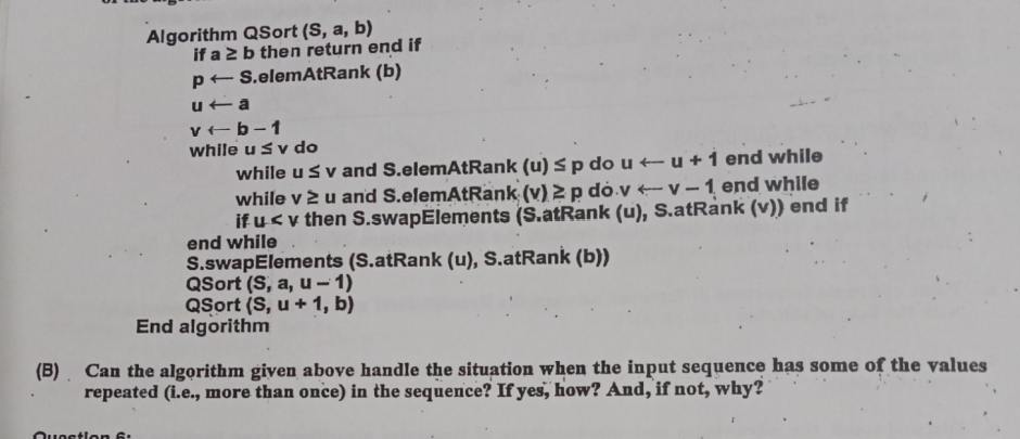 Solved Algorithm QSort (S, a, b) if a≥b then return end if | Chegg.com