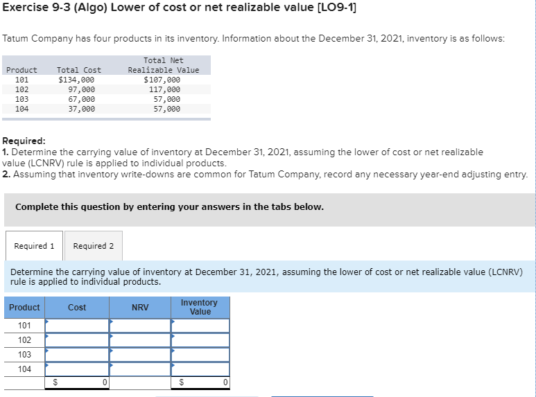 Solved Exercise 9-3 (Algo) Lower of cost or net realizable | Chegg.com
