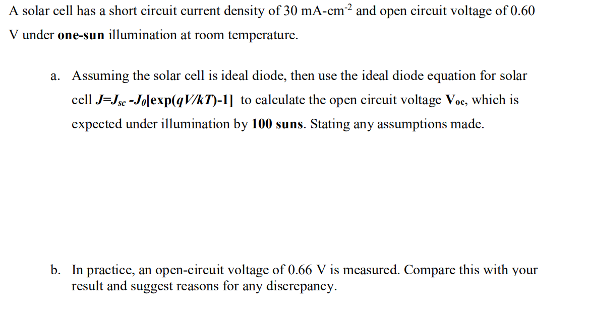 Solved A solar cell has a short circuit current density of | Chegg.com