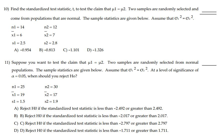 Solved 10) Find the standardized test statistic, t, to test | Chegg.com