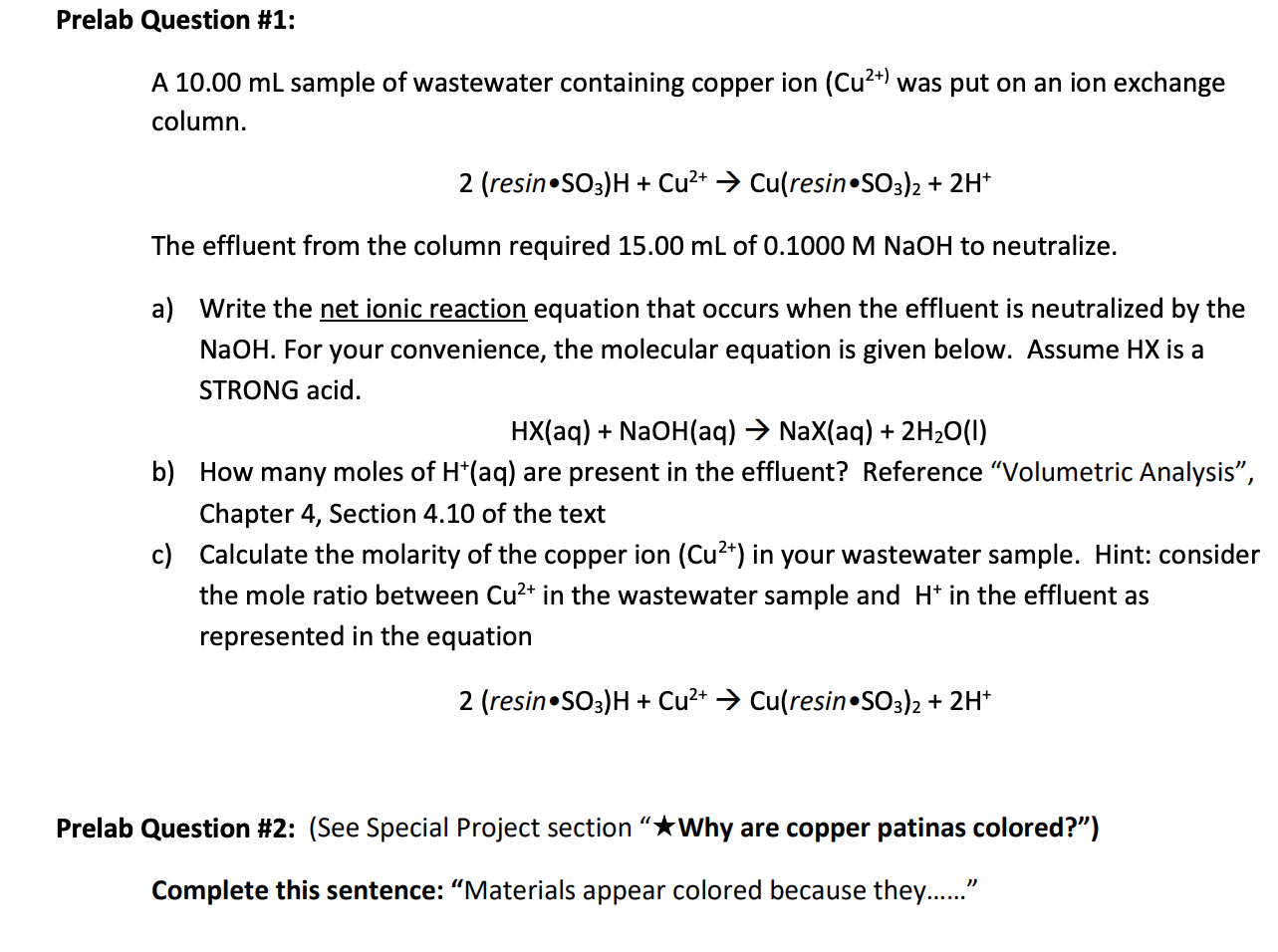 Solved Prelab Question #1: A 10.00 mL sample of wastewater | Chegg.com