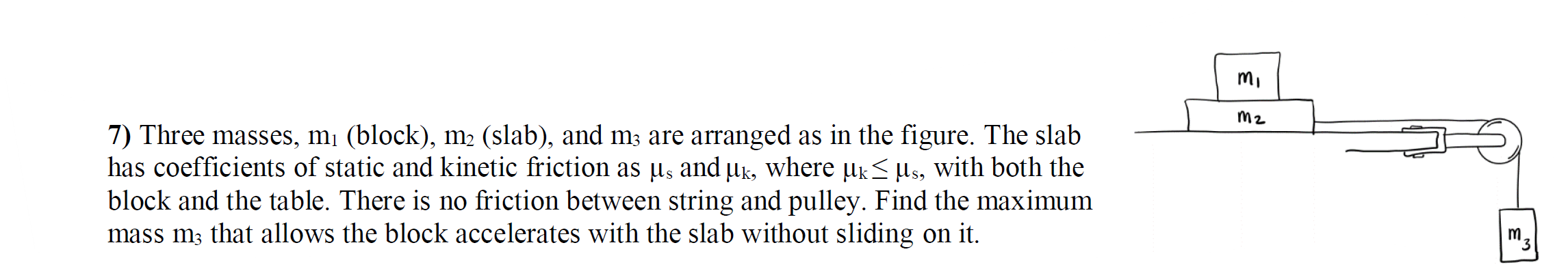 Solved 7)Three masses, m1 (block), m2 (slab), ﻿and m3 ﻿are | Chegg.com