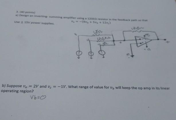 Solved 3. (40 points) a) Design an inverting-summing | Chegg.com