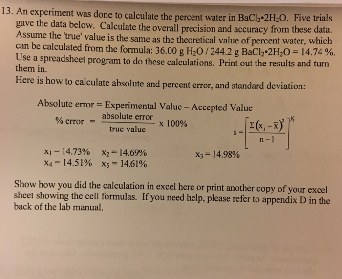Solved An experiment was done to calculate the percent water | Chegg.com