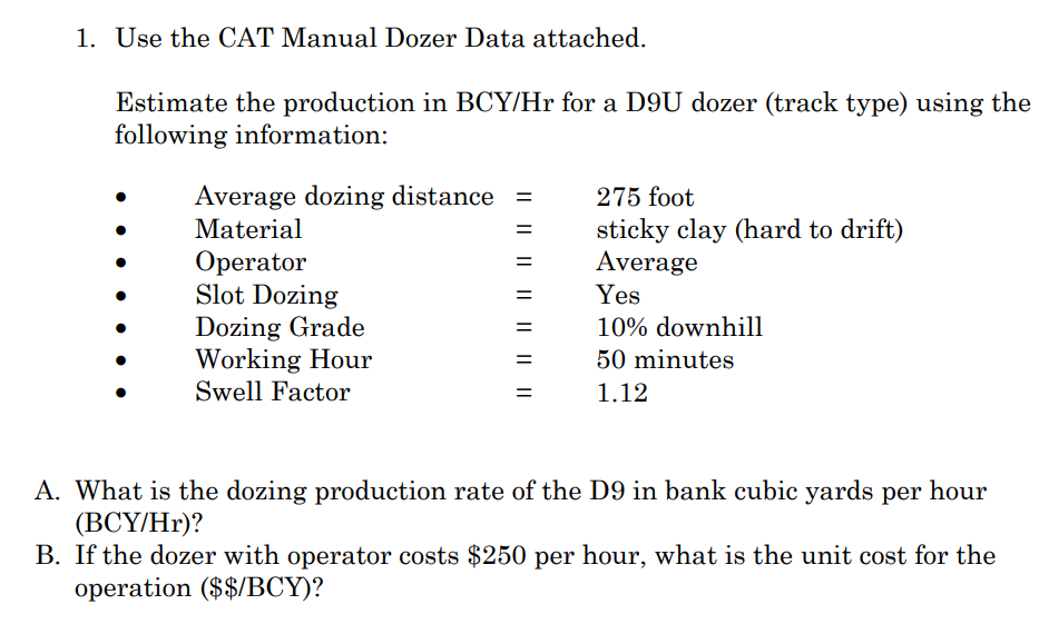 Solved 1. Use the CAT Manual Dozer Data attached. Estimate | Chegg.com