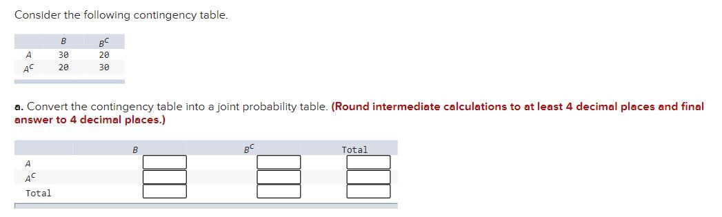 Solved Consider the following contingency table. B A АС 30 | Chegg.com