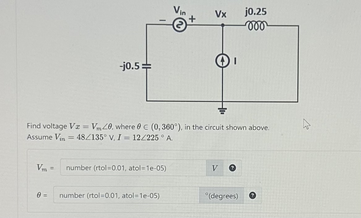 Solved Find voltage Vx=Vm∠θ, where θ∈(0,360∘), in the | Chegg.com