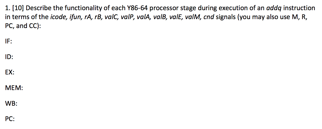 1 10 Describe The Functionality Of Each Y86 64