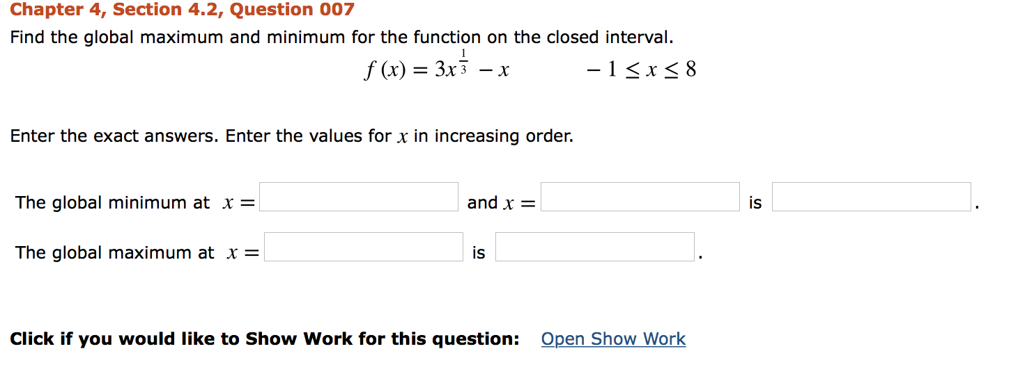 Solved Chapter 4, Section 4.2, Question 007 Find the global | Chegg.com