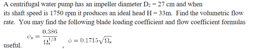 Solved A centrifugal water pump has an impeller diameter | Chegg.com