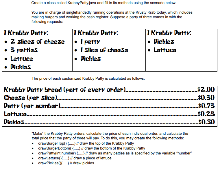 Solved Create a class called KrabbyPatty.java and fill in | Chegg.com