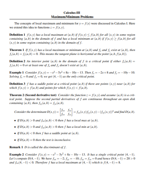 Solved Calculus-III Maximum/Minimum Problems The concepts of | Chegg.com