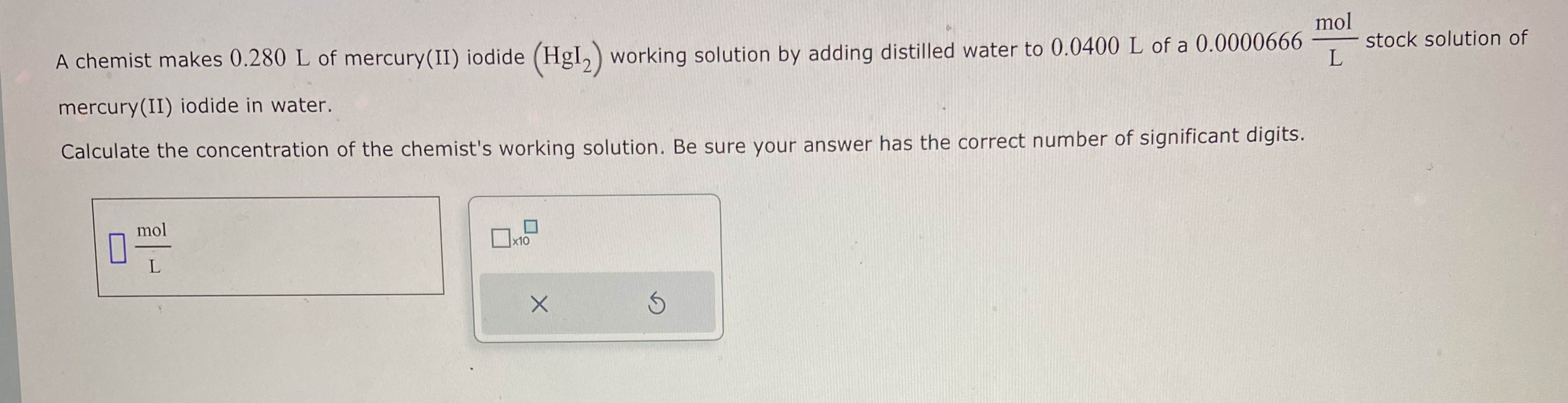 Solved A chemist makes 0.280 L of mercury(II) iodide (HgI2) | Chegg.com