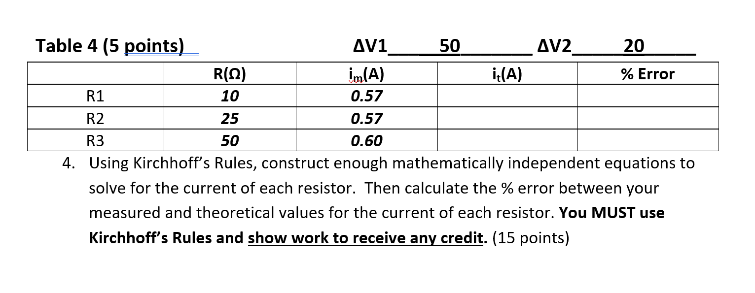 Solved R1 R2 V2 + 1 R3 W + Table 4 (5 points) AV1 50 ΔV2 | Chegg.com