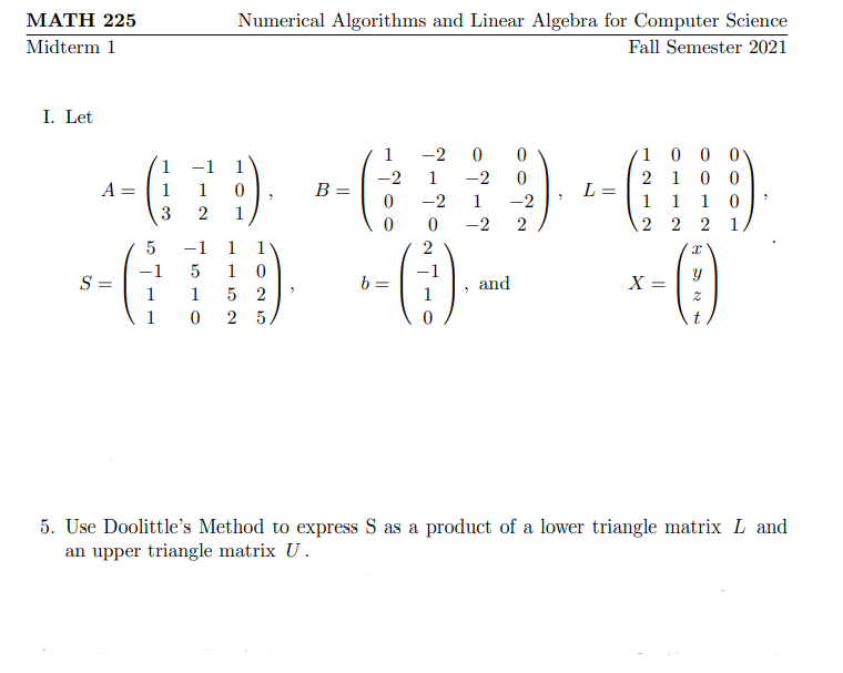 Solved MATH 225 Midterm 1 Numerical Algorithms and Linear | Chegg.com