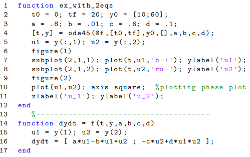 Solved function ex_with_2eqs t0 = 0; tf = 20; y0 = [10;60]; | Chegg.com