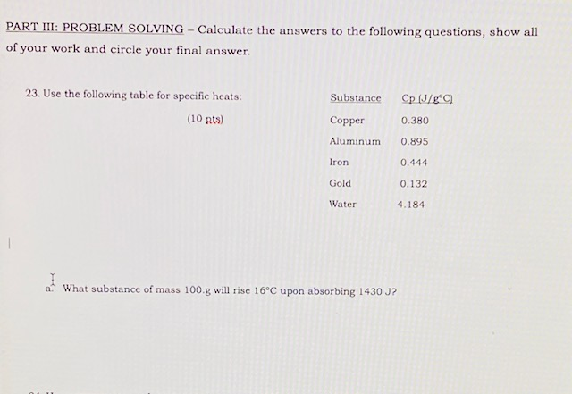 Solved PART III: PROBLEM SOLVING - Calculate the answers to | Chegg.com