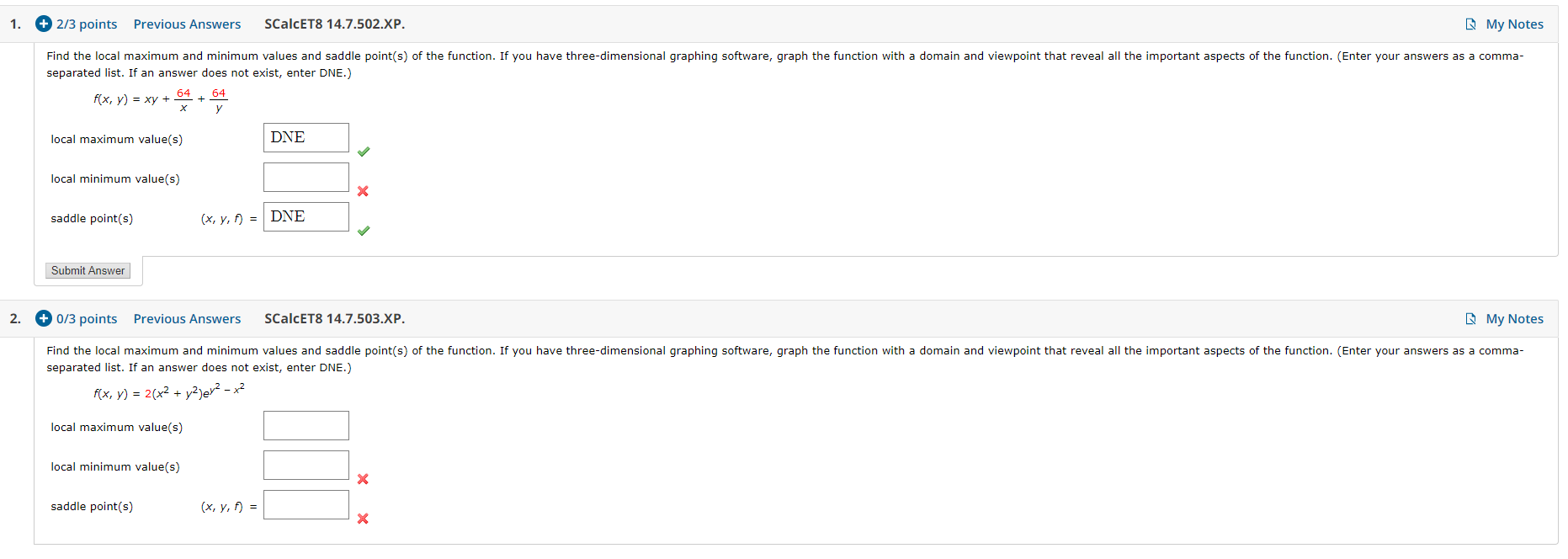 Solved 1. + 2/3 points Previous Answers CalcET8 14.7.502.XP. | Chegg.com