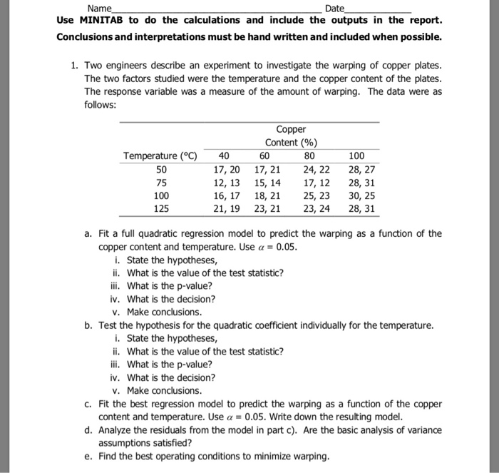 Solved Use MINITAB to do the calculations and include the | Chegg.com