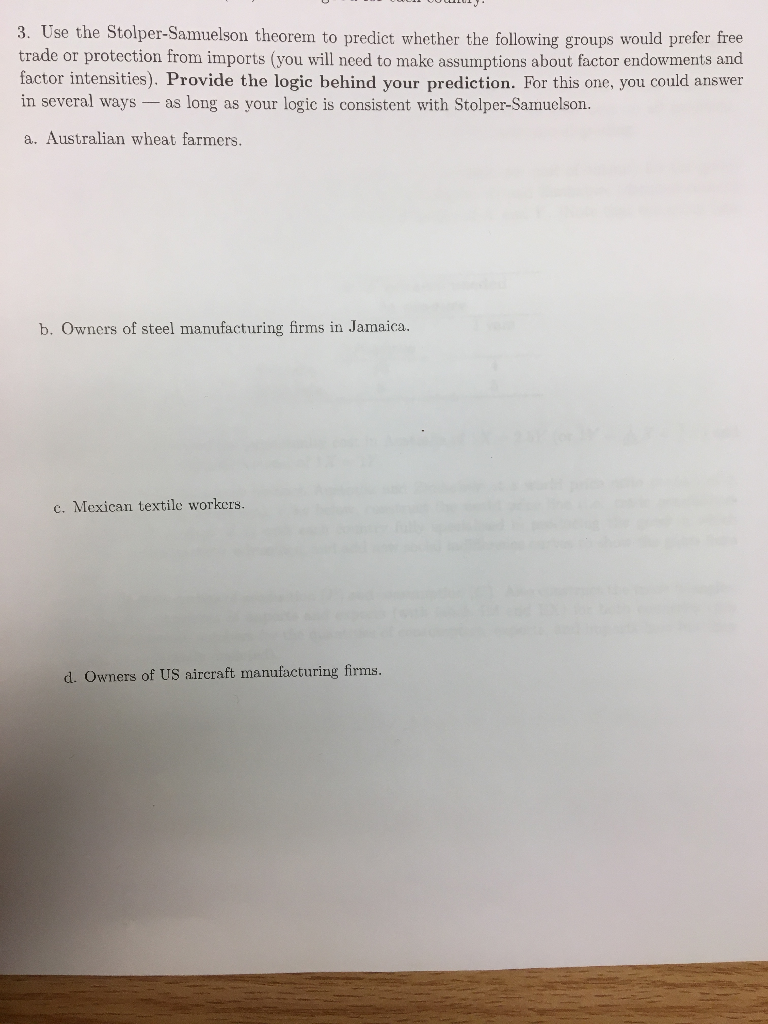 Solved 3. Use the Stolper-Samuelson theorem to predict | Chegg.com