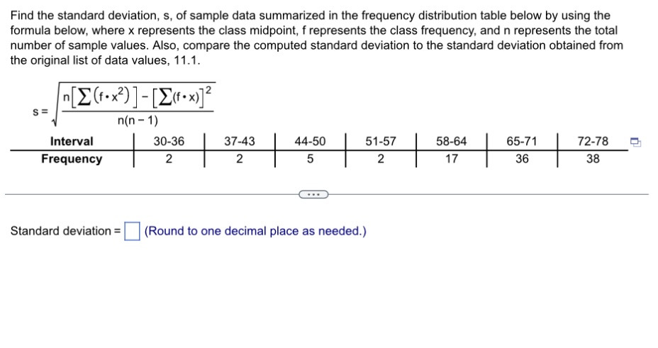 Solved Find the standard deviation, s, of sample data | Chegg.com