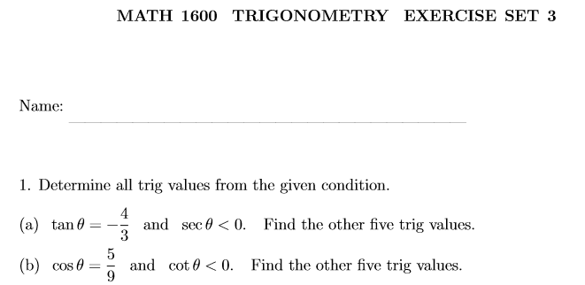 Solved MATH 1600 TRIGONOMETRY EXERCISE SET 3 Name: 1. | Chegg.com