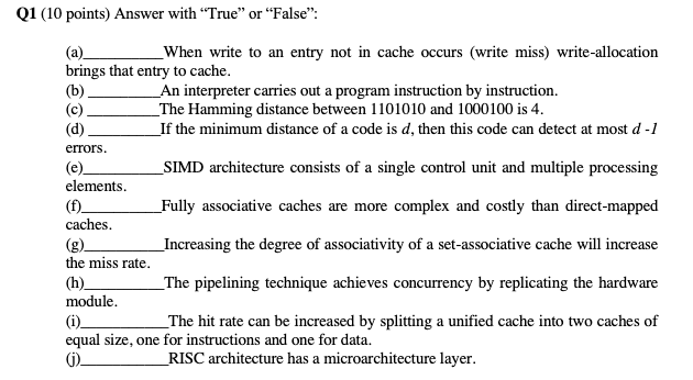 Solved Q1 (10 points) Answer with “True" or "False": errors. | Chegg.com