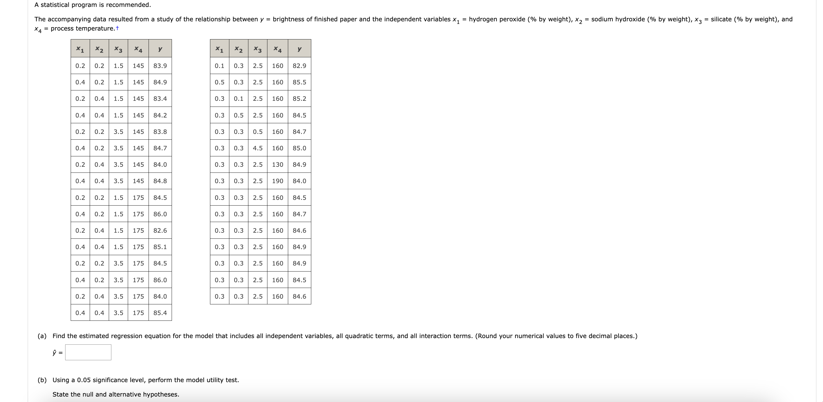 y^= (b) Using a 0.05 significance level, perform the | Chegg.com
