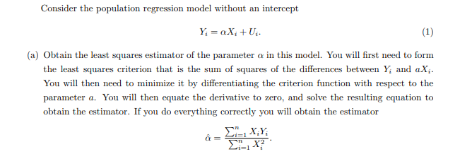 Solved Consider the population regression model without an | Chegg.com