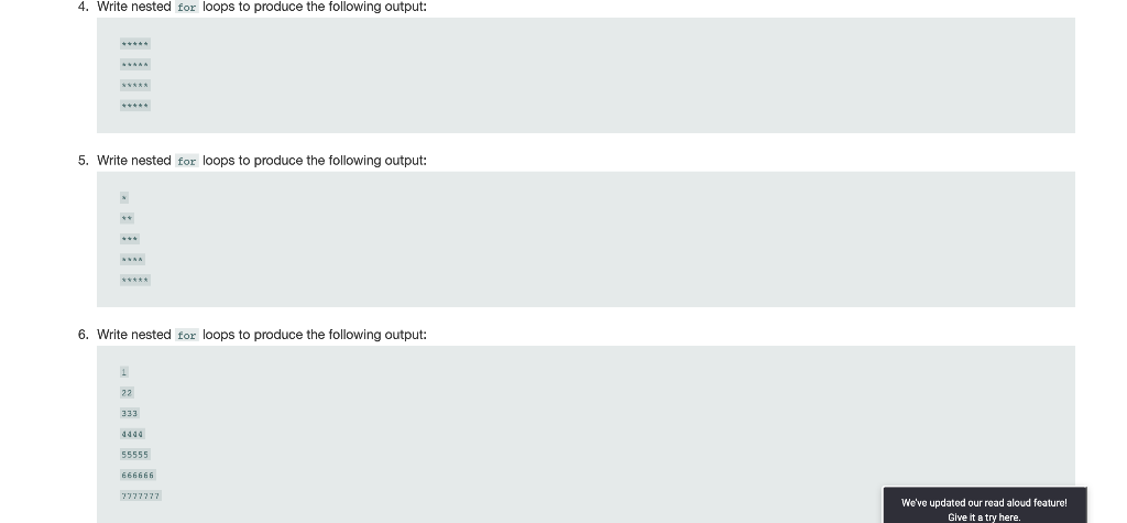 Solved 4. Write nested for loops to produce the following | Chegg.com Solved 4. Write nested for loops to produce the following | Chegg.com