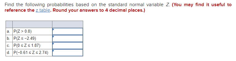 Solved Find the following probabilities based on the | Chegg.com