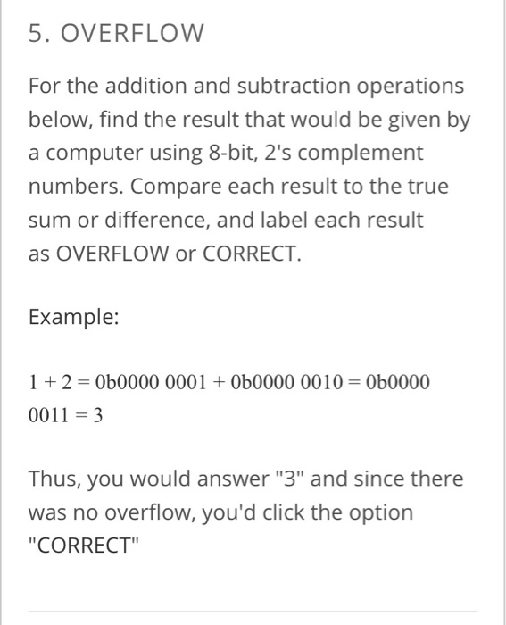 Solved 5. OVERFLOW For the addition and subtraction | Chegg.com