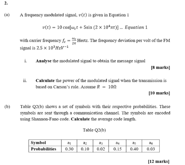 Solved 2. (a) A frequency modulated signal, v(t) is given in | Chegg.com