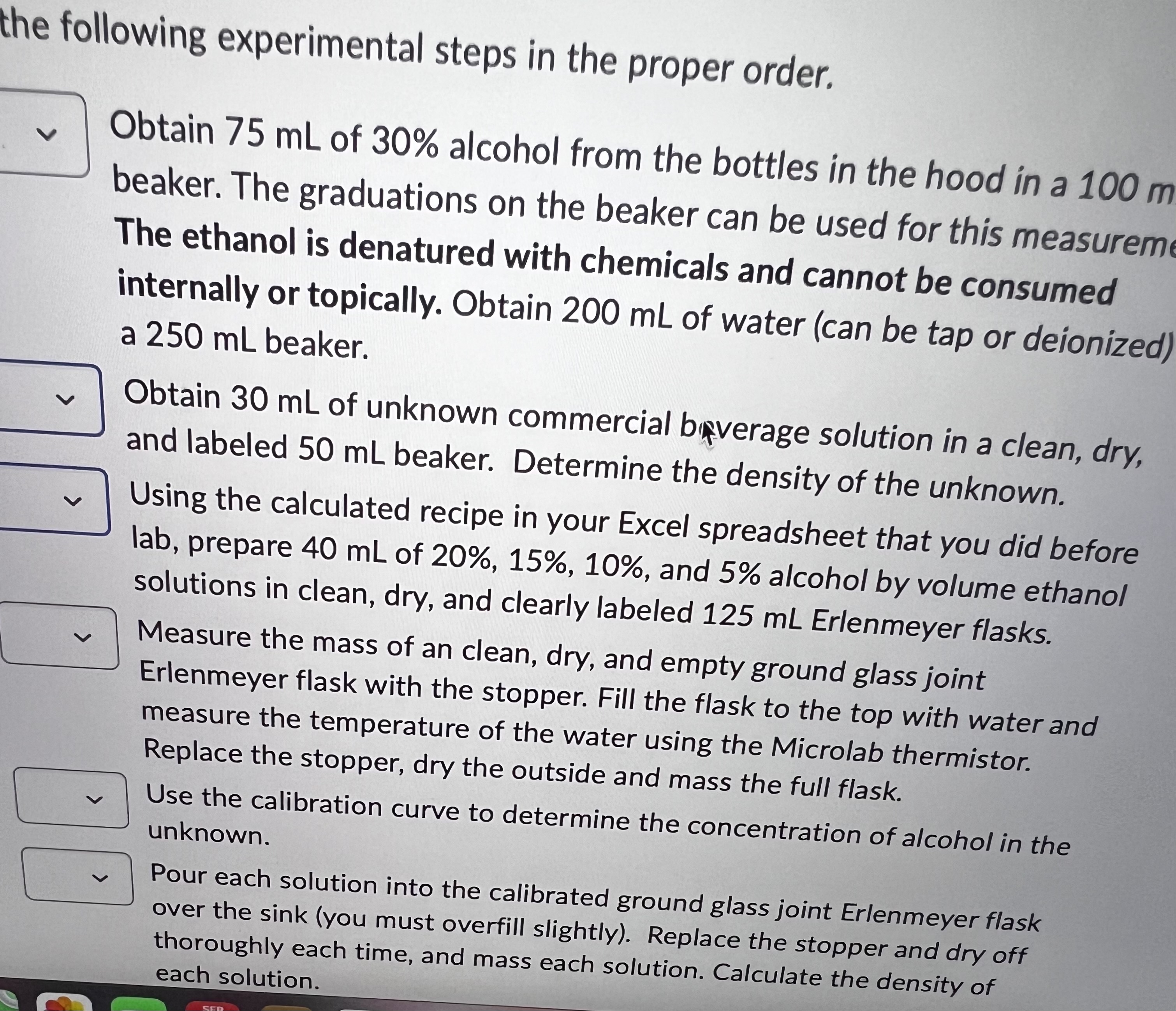 Solved the following experimental steps in the proper order. | Chegg.com