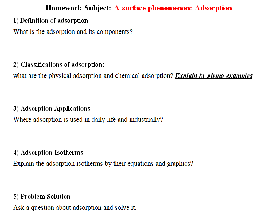 Solved Homework Subject: A surface phenomenon: Adsorption 1) | Chegg.com