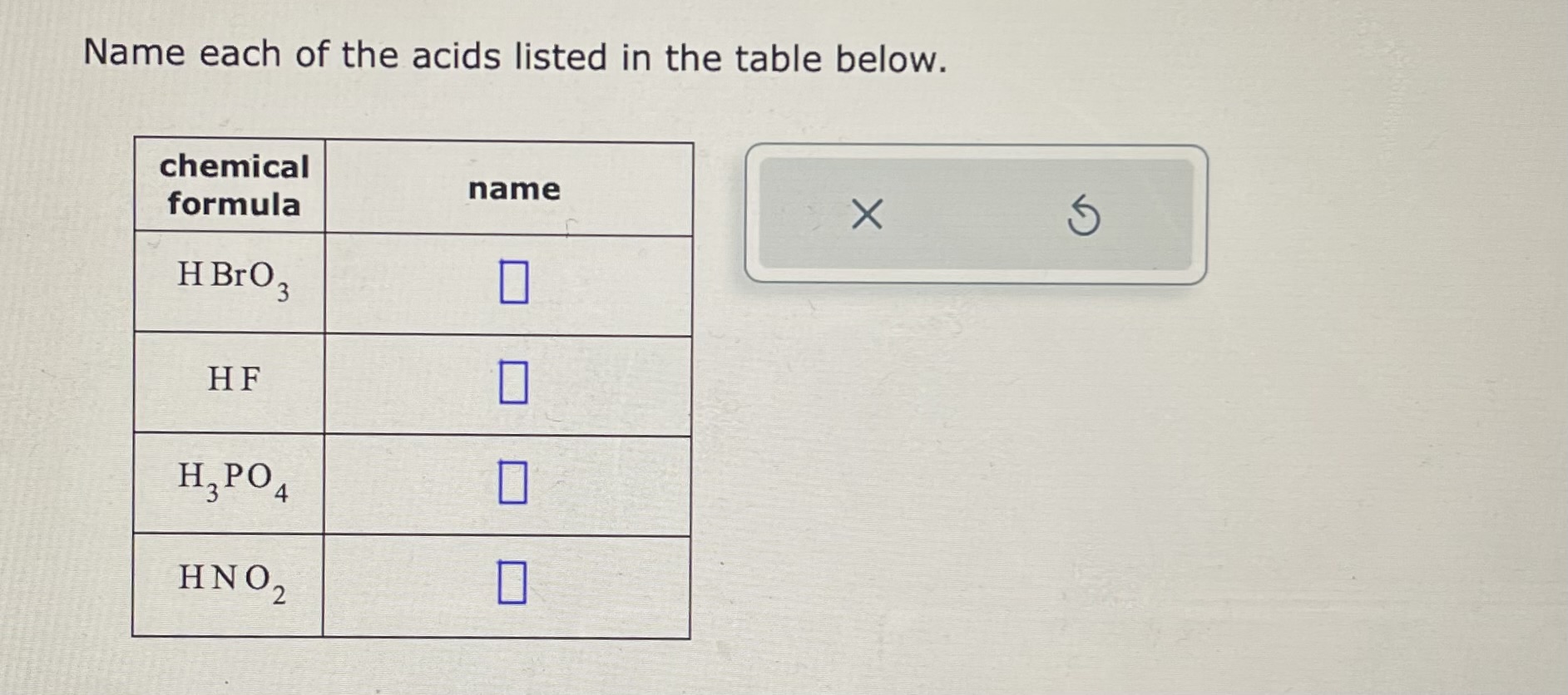 Solved Name each of the acids listed in the table below. | Chegg.com