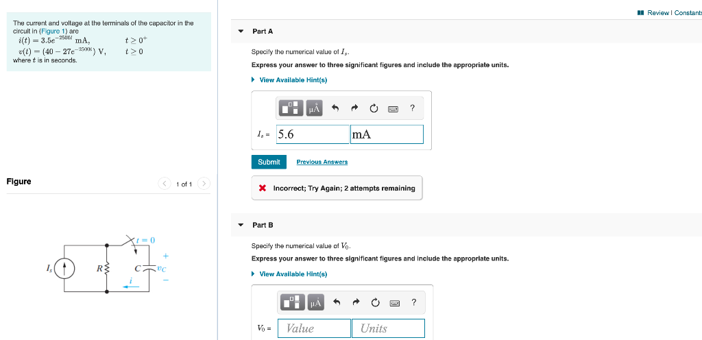Solved - Review Constants Part A The current and voltage at | Chegg.com