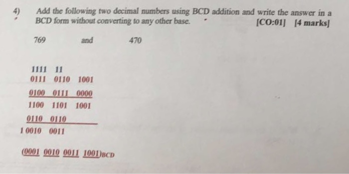 Solved 4) Add the following two decimal numbers using BCD | Chegg.com