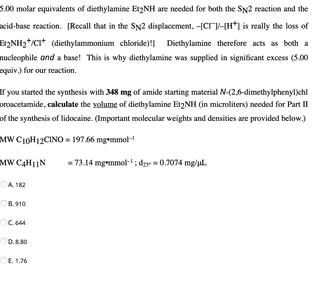 Solved 5.00 molar equivalents of diethylamine Et2NH are | Chegg.com