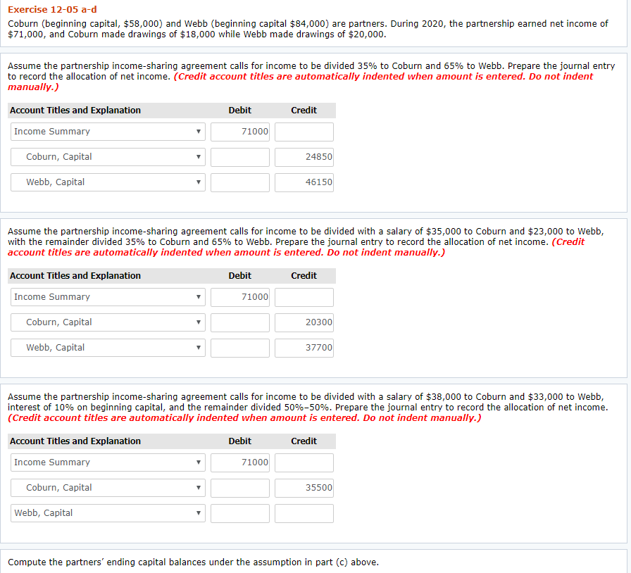 Solved Exercise 12-05 a-d Coburn (beginning capital, | Chegg.com