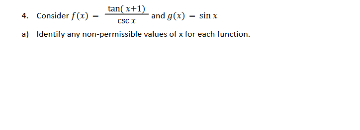 Solved 4. Consider f(x)=cscxtan(x+1) and g(x)=sinx a) | Chegg.com
