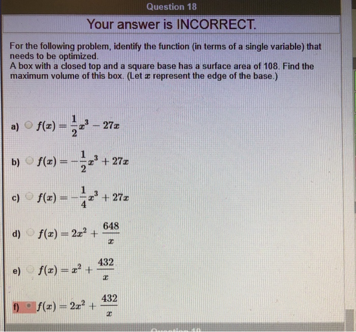 Solved Question 18 Your answer is INCORRECT For the | Chegg.com