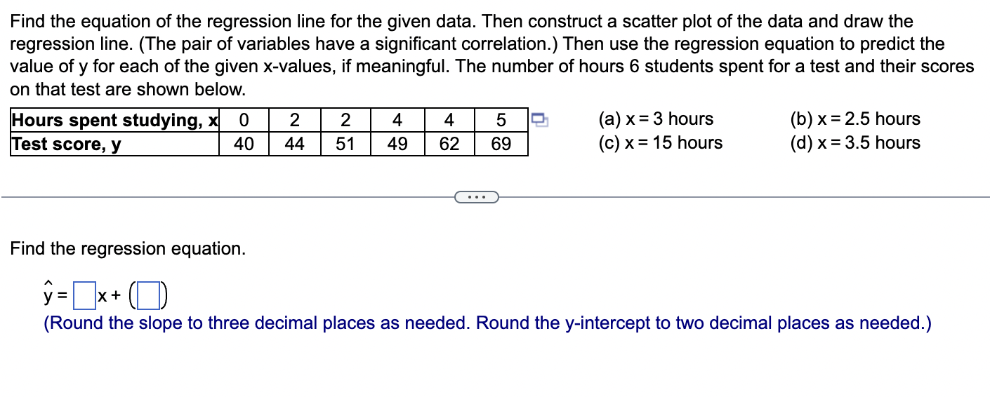 Solved Find the equation of the regression line for the | Chegg.com